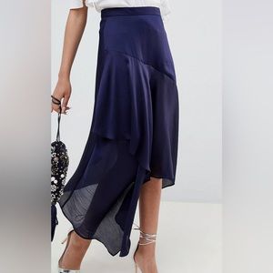 ASOS | Skirts | Asos Navy Blue Asymmetrical Satin Midi Skirt | Poshmark